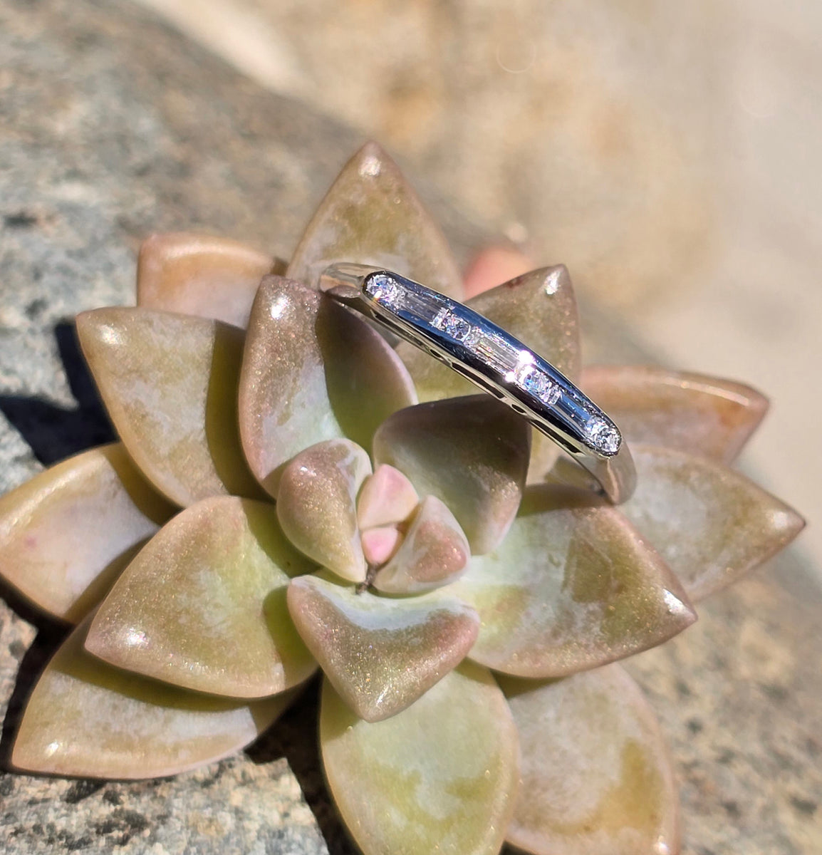 14k white gold round and baguette diamond vintage stackable estate ban – Rambling Rose