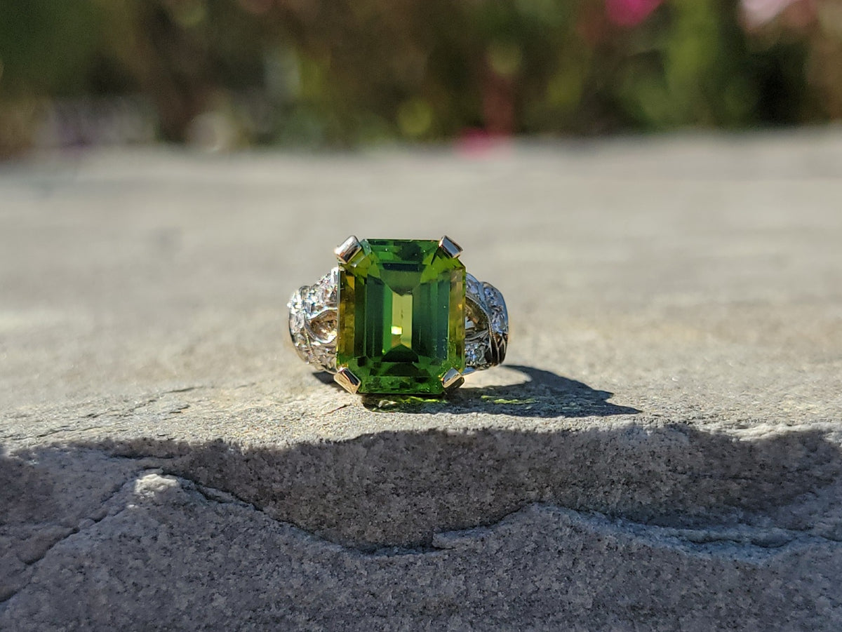 14k gold two tone emerald cut peridot & diamond estate ring – Rambling Rose