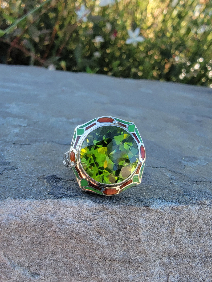 10k white gold c.1920's Art Deco filigree peridot & enamel ring ...
