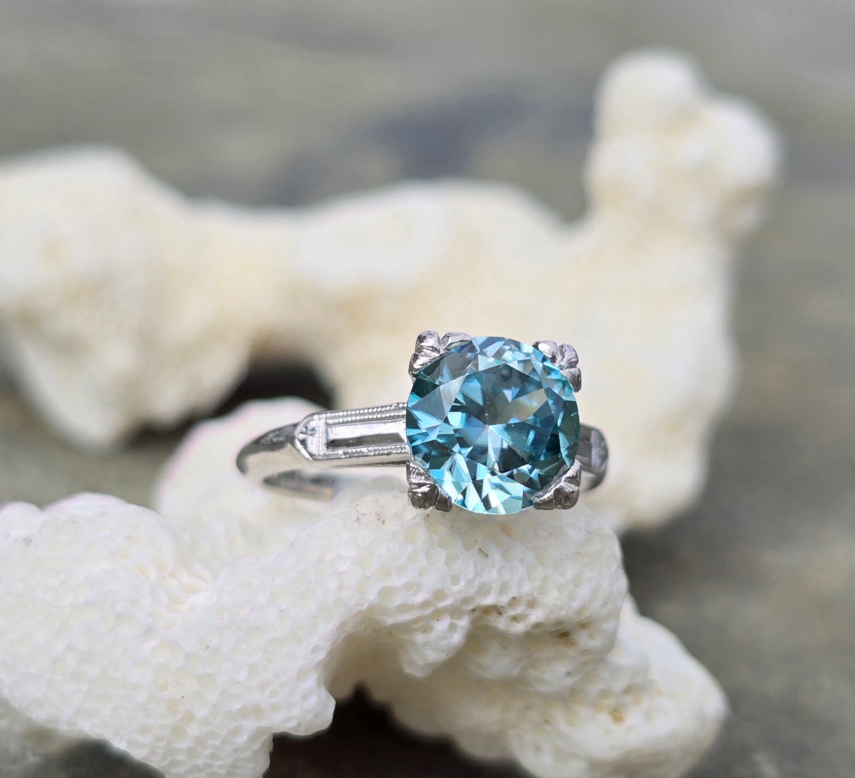 platinum natural blue Zircon Deco estate ring – Rambling Rose