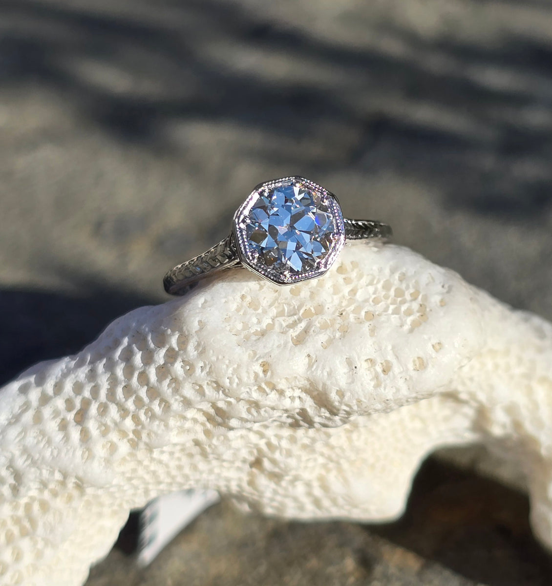 Platinum Art Deco c.1920's filigree European cut diamond solitaire rin ...