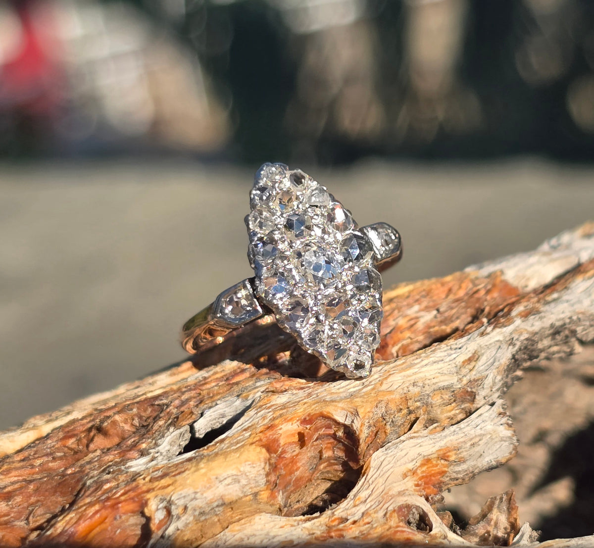 platinum and 18ct gold rose cut diamond Victorian navette glove shield ...