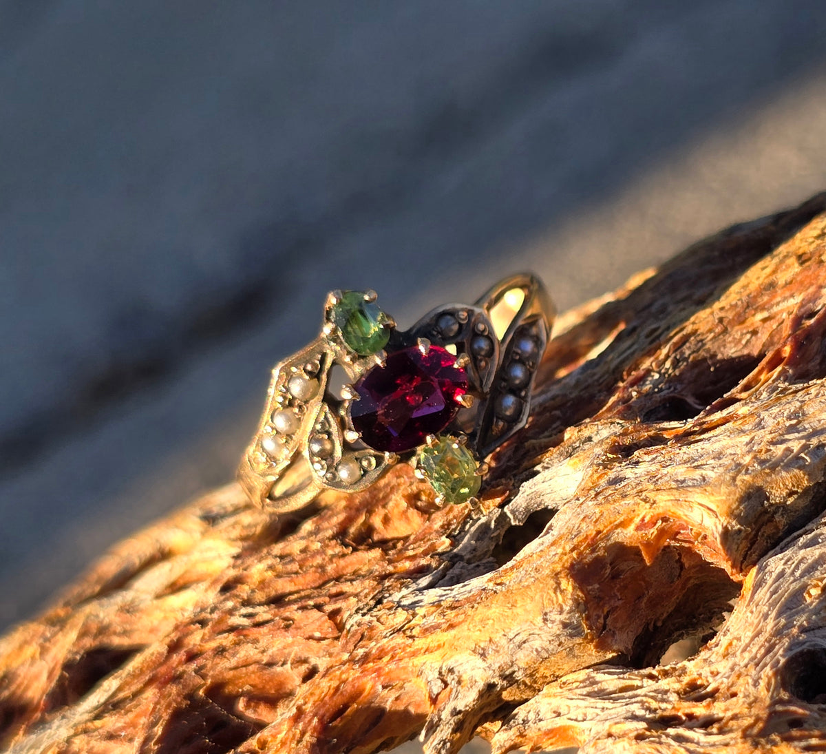 10k gold Victorian garnet, green demantoid garnet & seed pearl ring ...