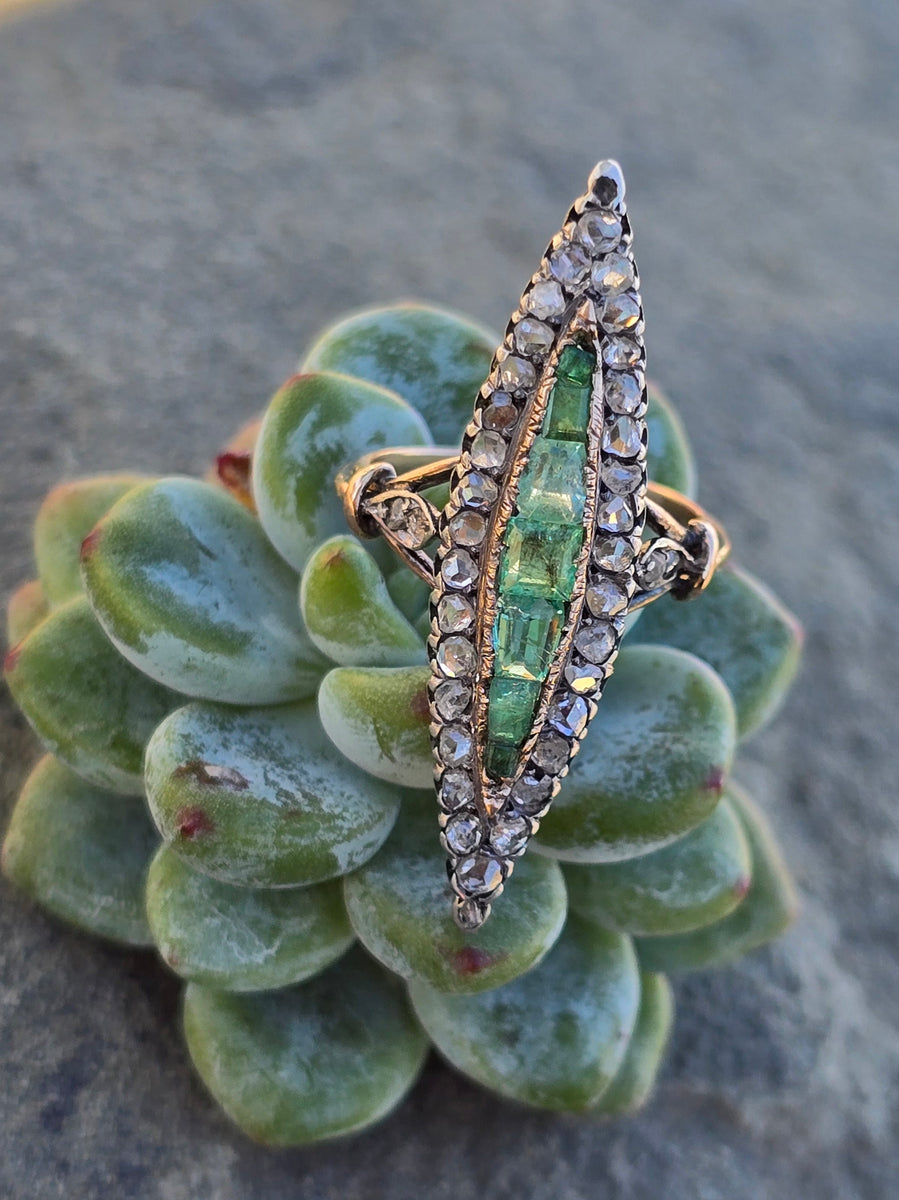 14k gold and silver top two tone Victorian emerald and diamond estate ...