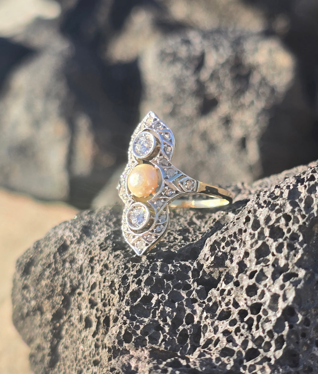 18k gold two tone Deco pearl and diamond antique ring – Rambling Rose