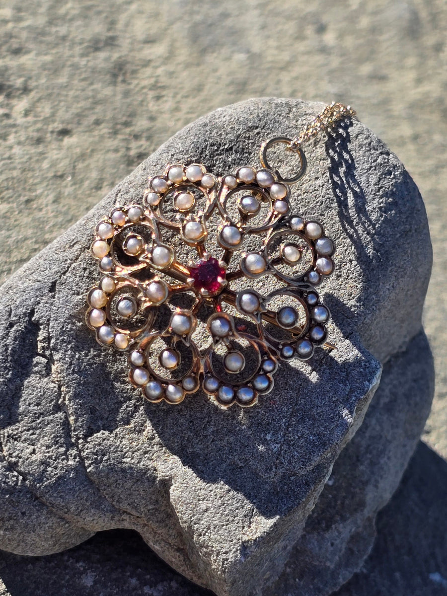 14k gold Victorian created ruby and pearl necklace pendant lavaliere b ...