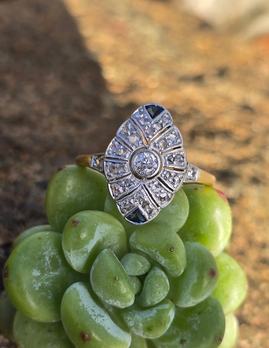 platinum top and 18ct gold two tone Deco estate sapphire and diamond r ...