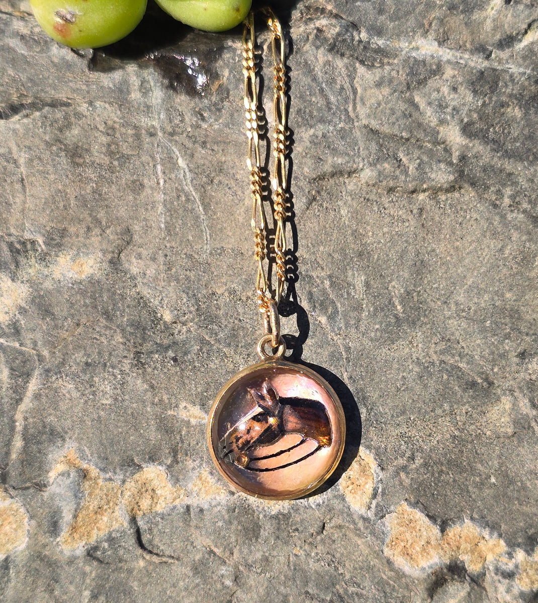 14k gold Victorian hand painted horse Essex crystal necklace pendant l ...