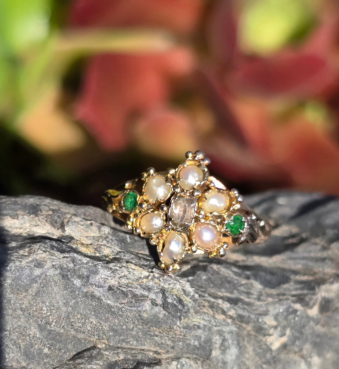 18ct gold Victorian pearl, emerald & chrysoberyl ring band – Rambling Rose
