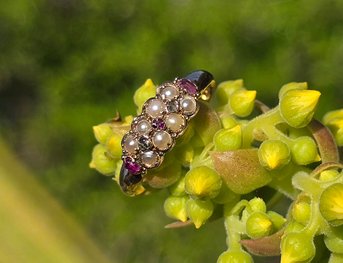 18ct gold Victorian pearl, emerald & ruby ring band - hallmarks ...
