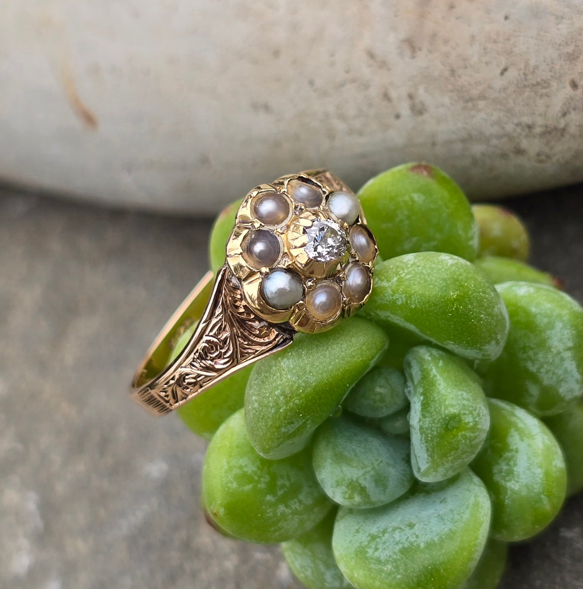 15ct gold Victorian diamond and pearl antique floral ring – Rambling Rose