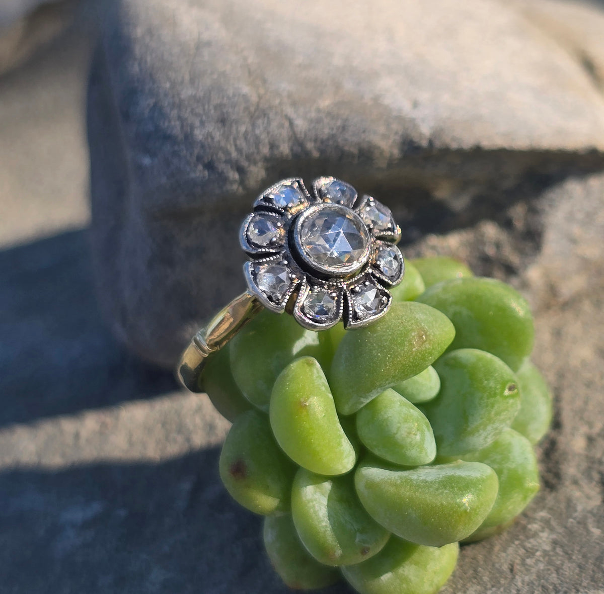Victorain silver top + 18ct gold two tone old cut diamond flower ring ...