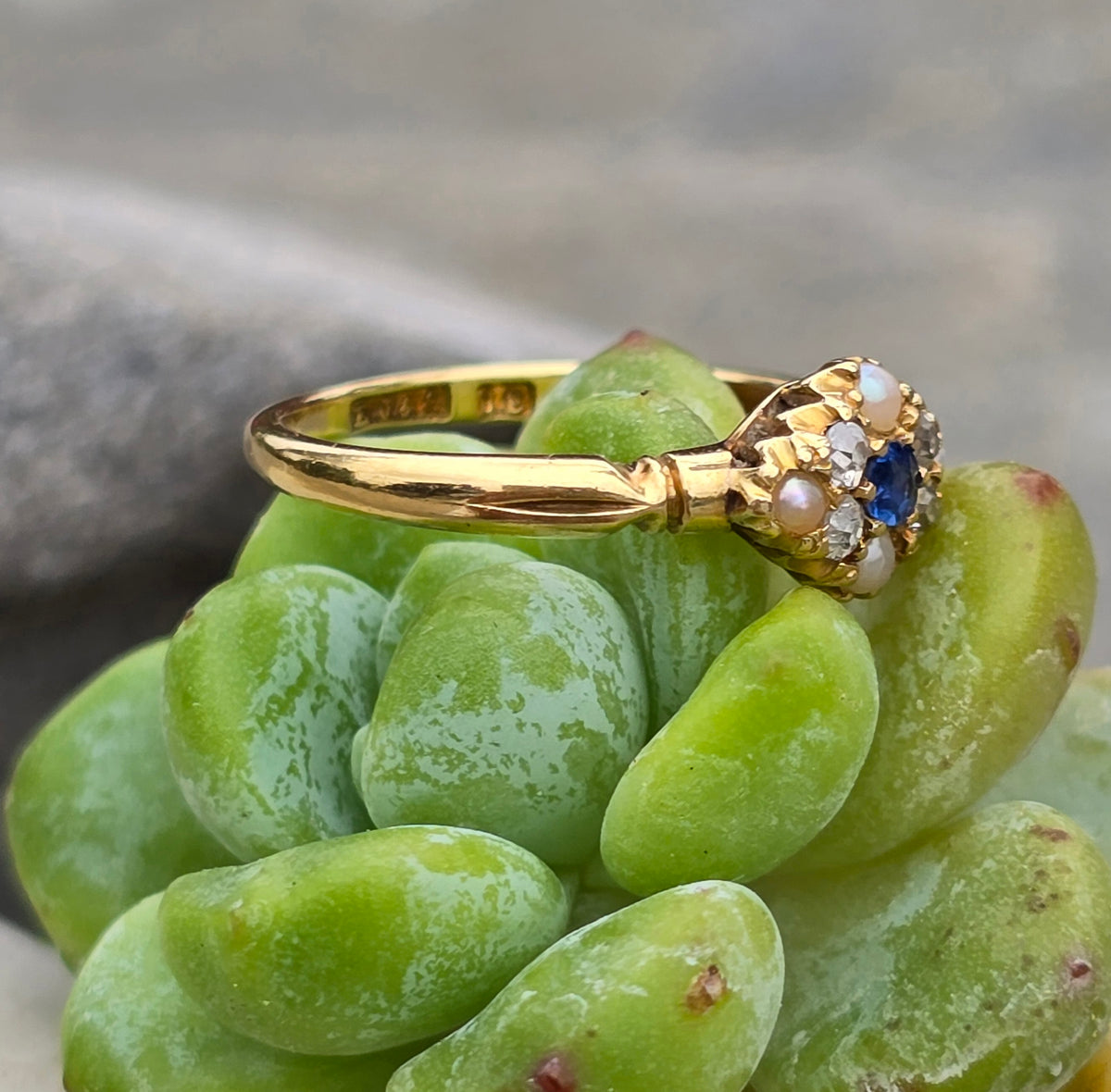 18ct gold Victorian mine cut diamond, pearl and blue sapphire ring ...