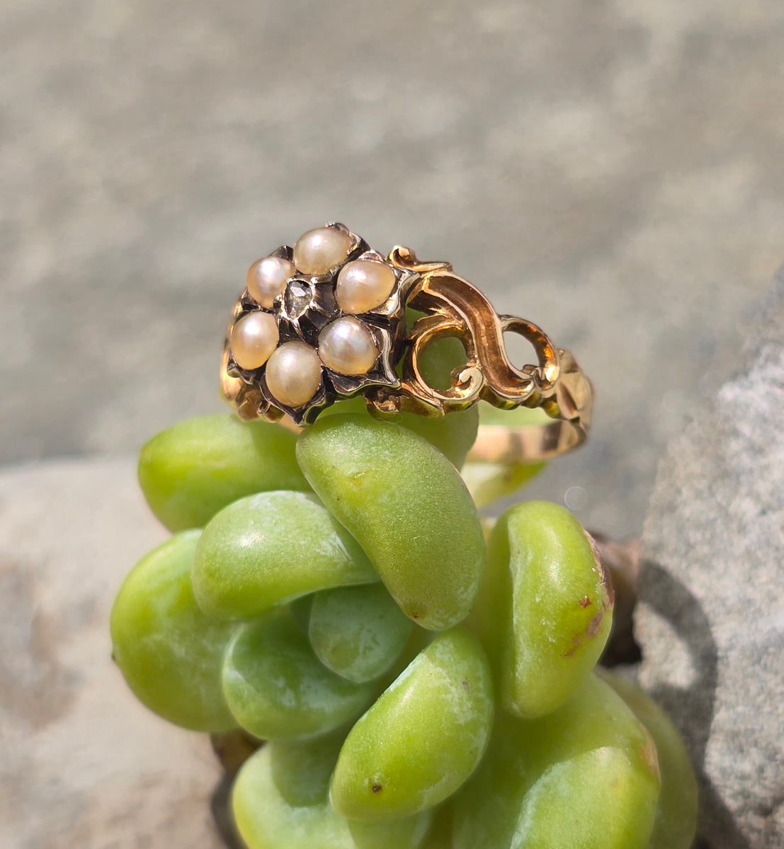 15ct gold Victorian diamond and pearl antique floral ring – Rambling Rose