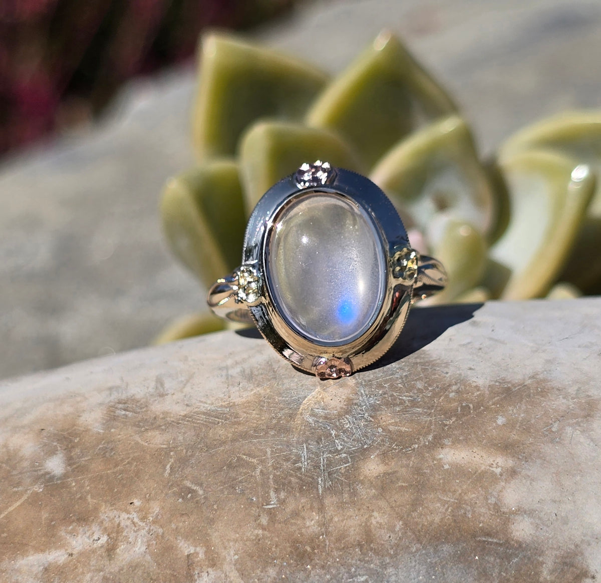 10k tri colored gold Art Deco bezel moonstone antique floral ring ...