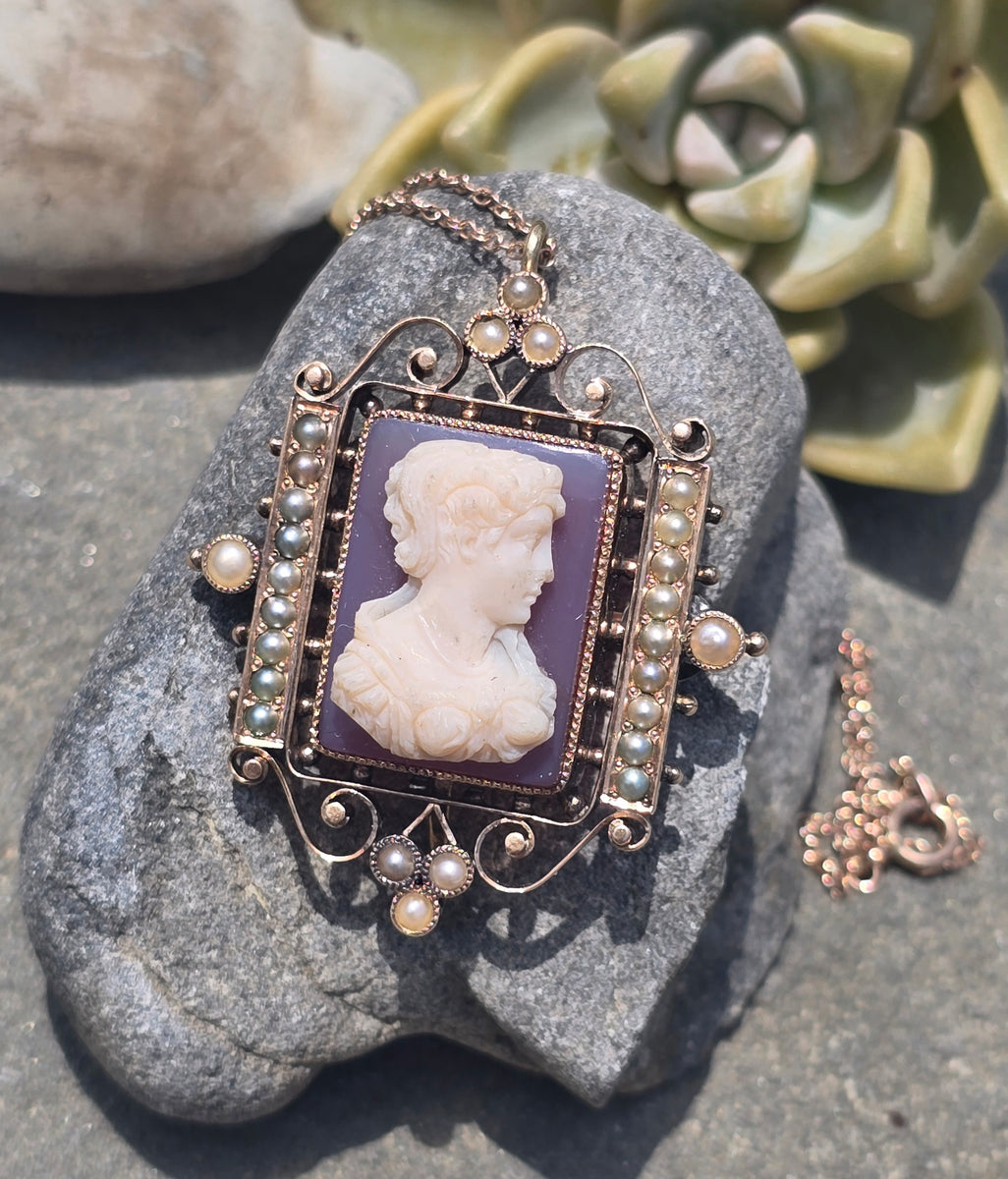 10k gold Victorian carved cameo angel & seed pearl estate pendant neck ...