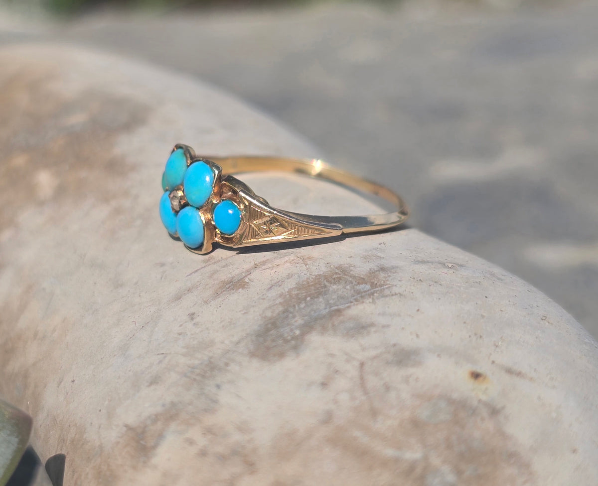 15ct gold Victorian turquoise and diamond estate floral ring band ...