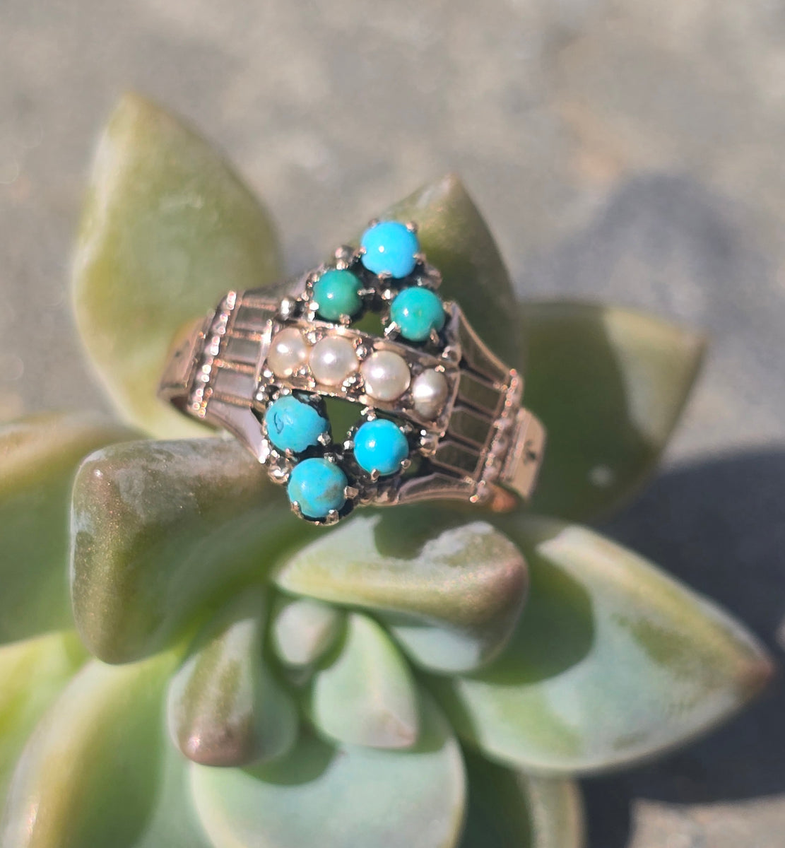 10k gold Victorian turquoise and pearl estate ring band – Rambling Rose