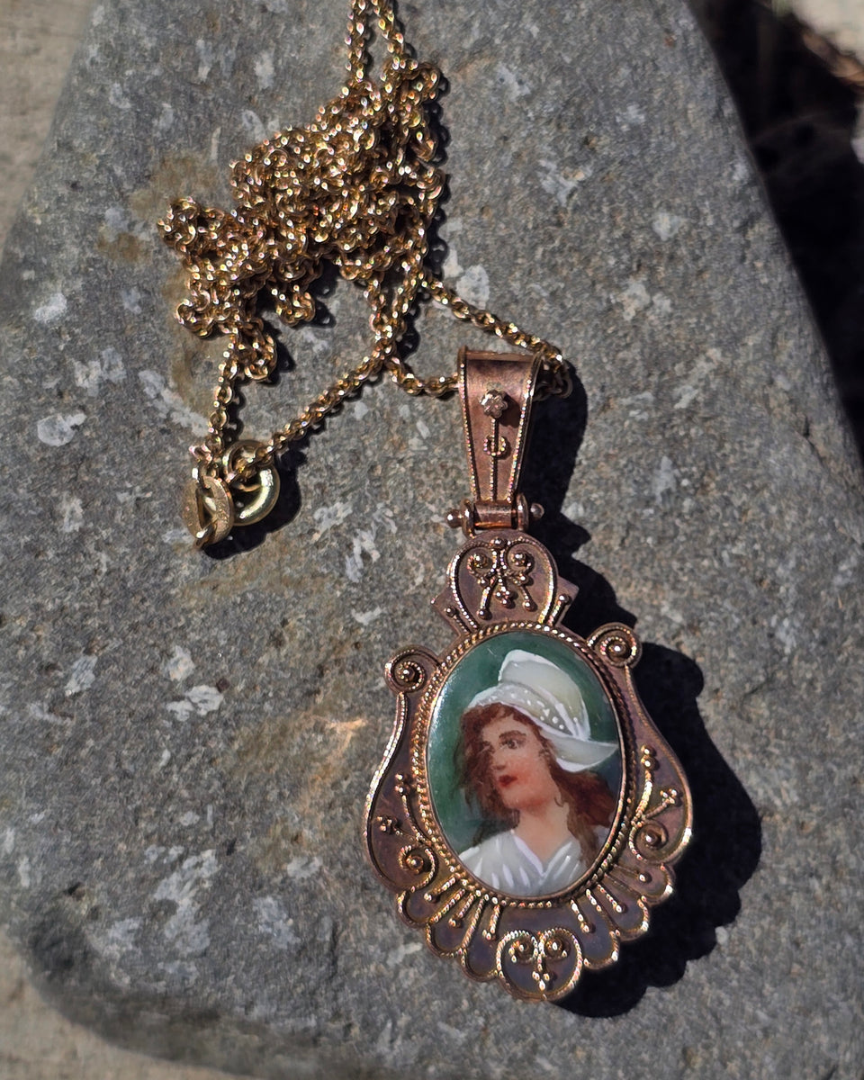 10k Victorian hand painted enamel lady necklace locket mourning pendan ...