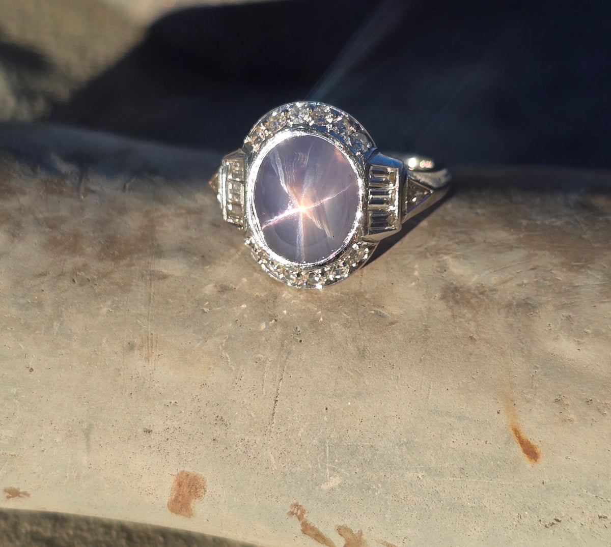 platinum natural star sapphire and diamond estate ring – Rambling Rose
