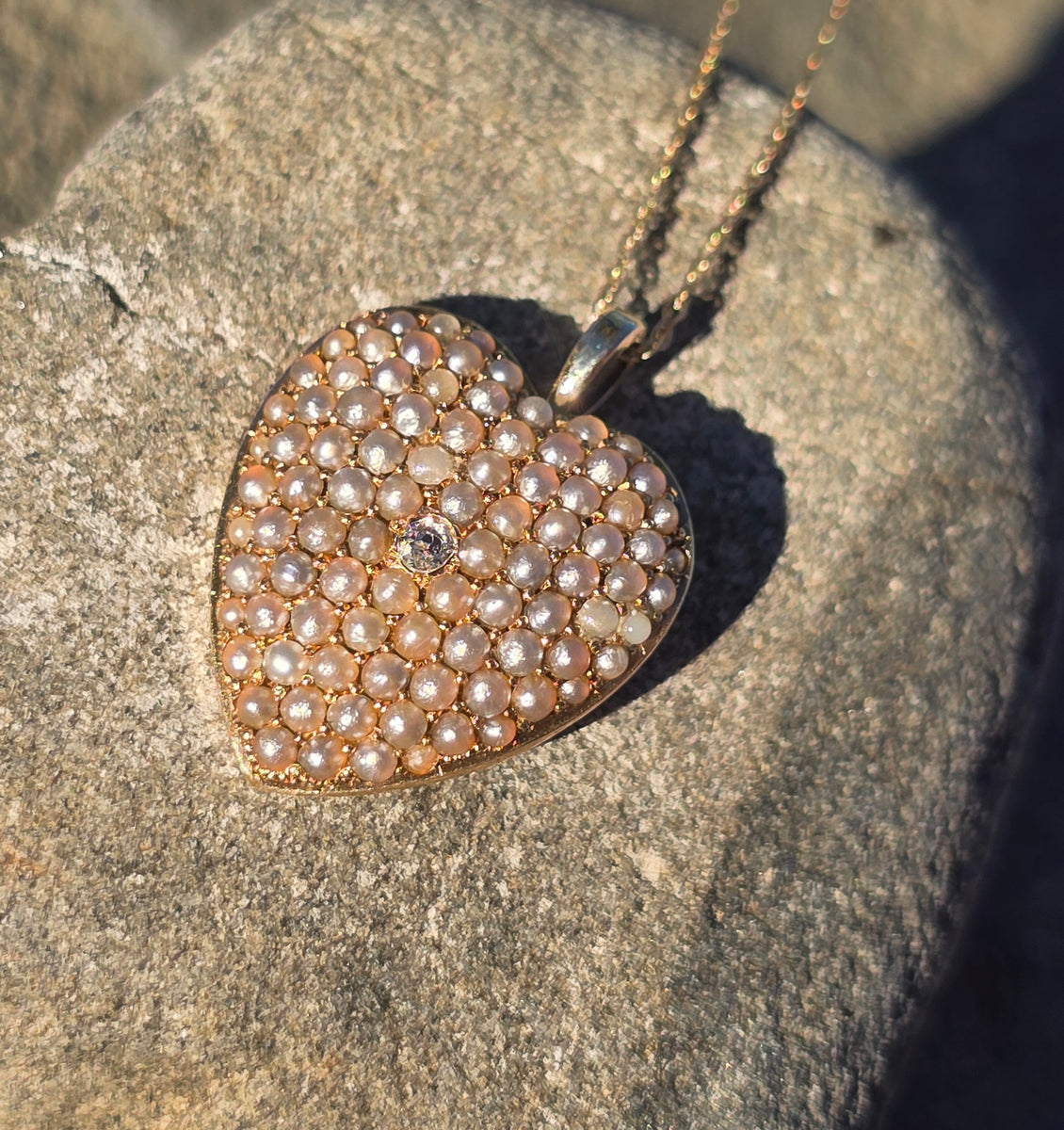 14k gold Victorian seed pearl and diamond heart necklace pendant ...