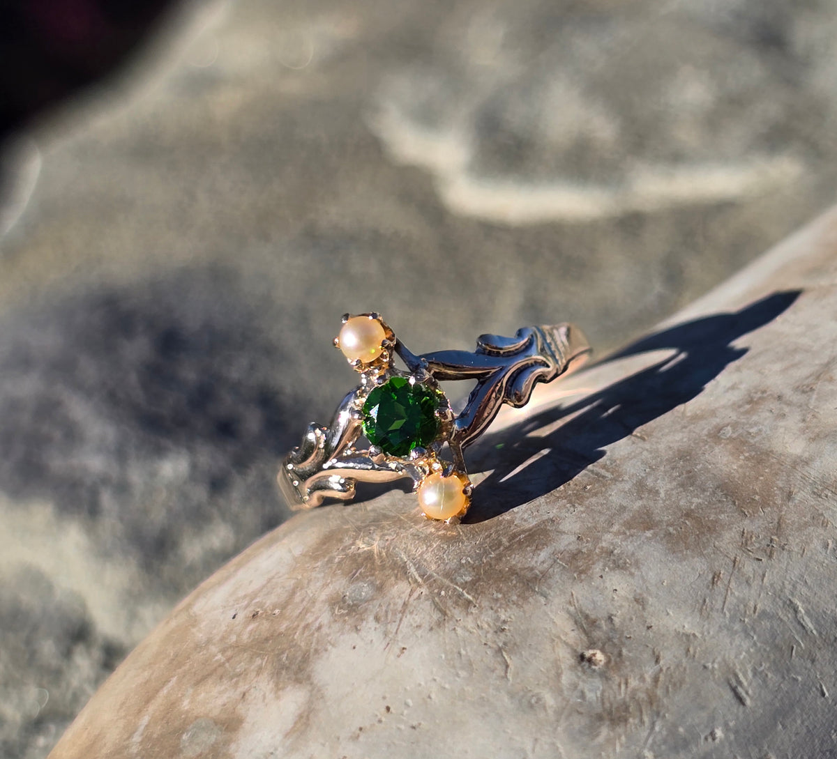 10k gold Victorian pearl & green garnet ring – Rambling Rose