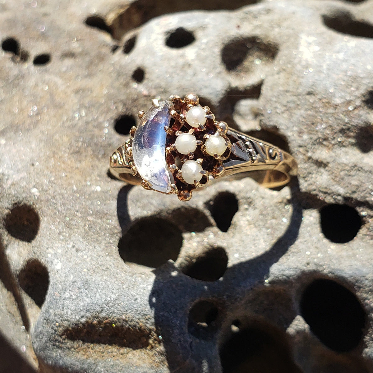 10k gold Victorian Moonstone & seed pearl crescent moon ring – Rambling ...