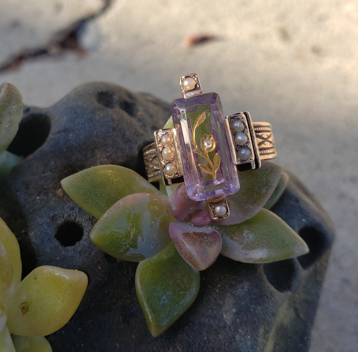 14k gold Victorian amethyst floral flower inlay rose cut diamond estat ...