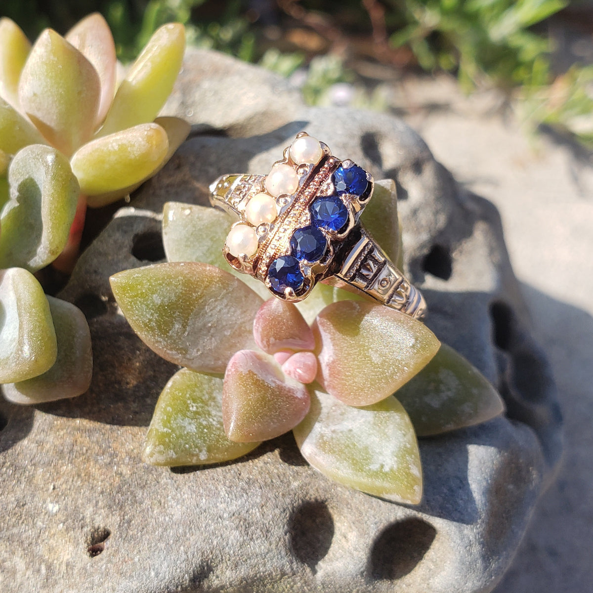 10k gold Victorian pearl & blue sapphire ring – Rambling Rose