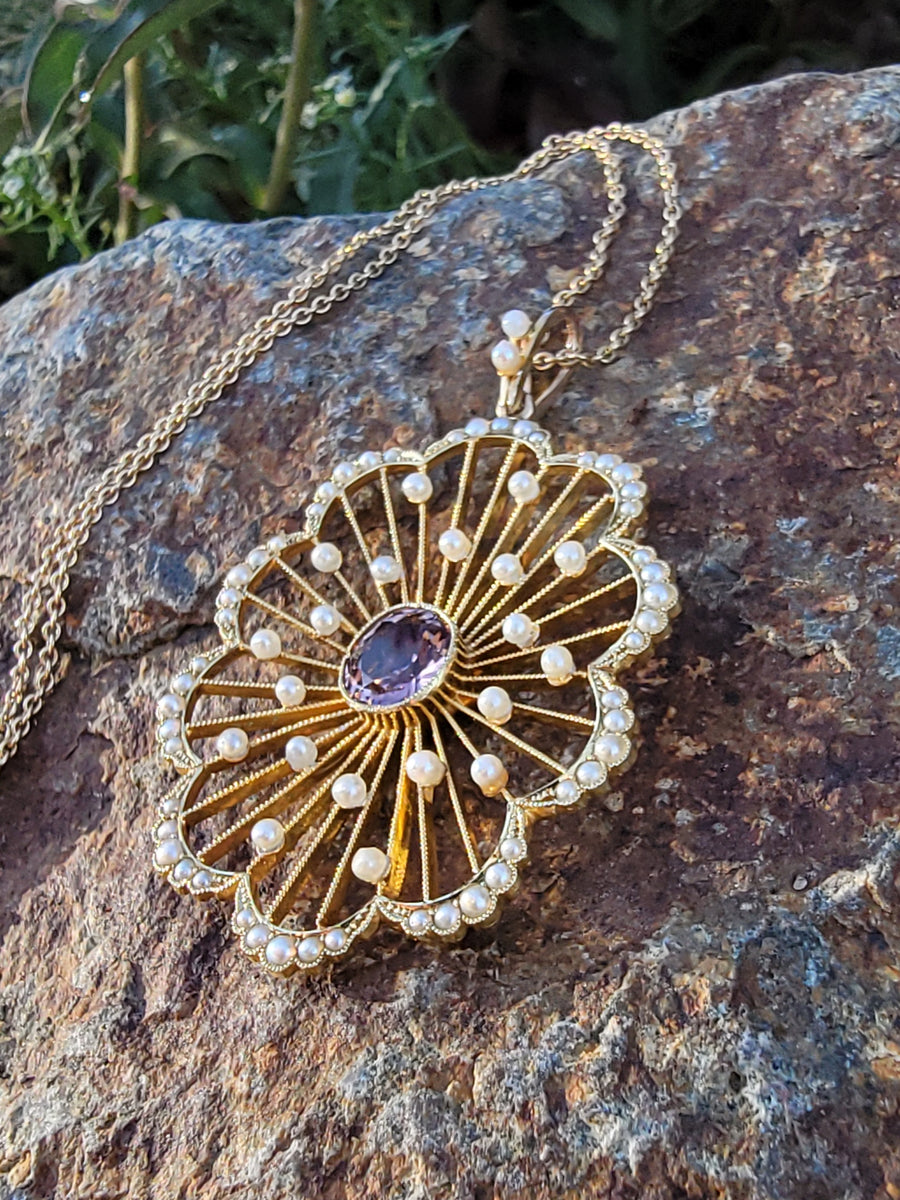 14k gold Victorian pink tourmaline & seed pearl filigree necklace pend ...