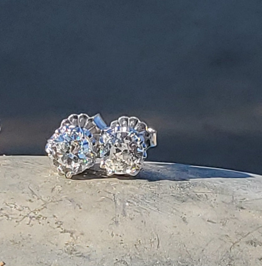 14k white gold old European cut diamond scroll stud earrings - .75ct t ...
