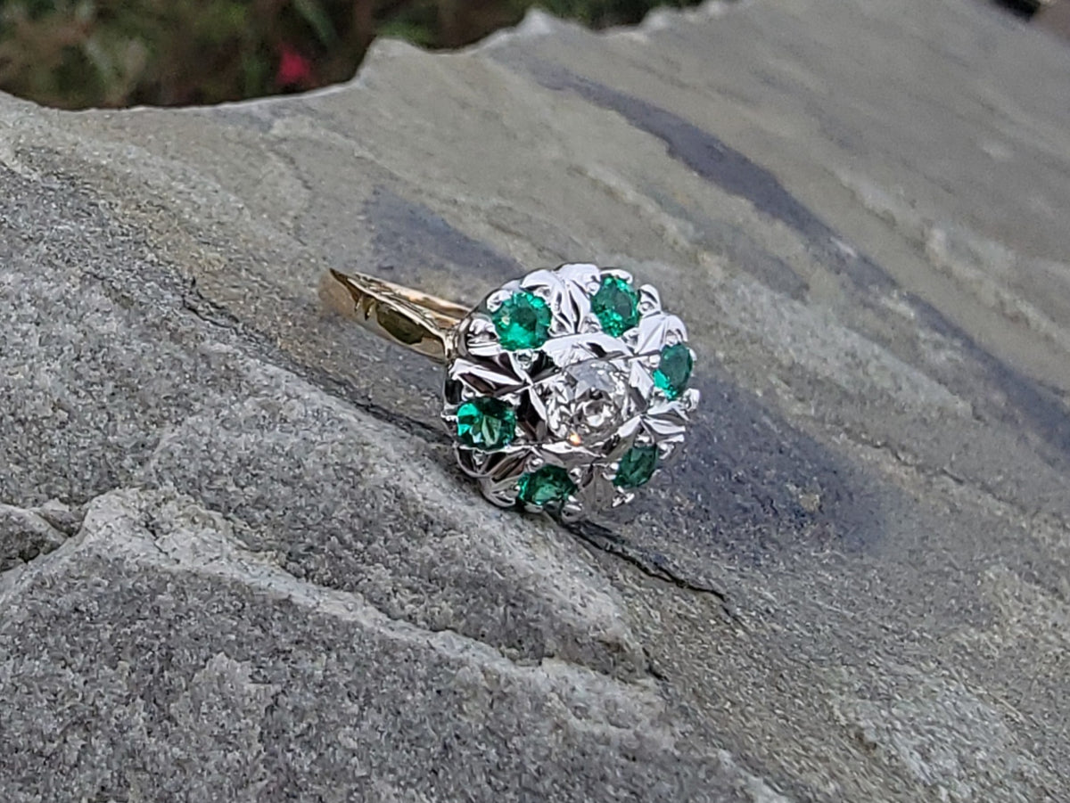 14k gold two tone emerald & diamond estate antique halo target ring ...